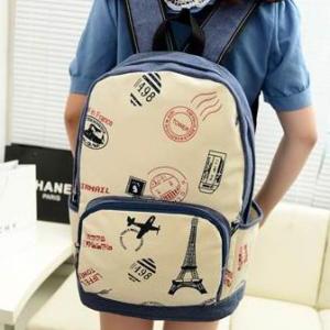 College Style Eiffel Tower & Airplane Print Canvas Backpack on Luulla