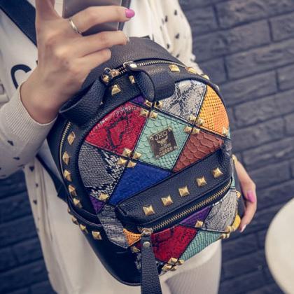 Punk Stitching Colorful Lady Backpack Mini Rivet Contrast School ...