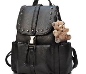 Punk Rivet Black Solid School Rucksack Bear Doll Pu Travel Backpack on ...