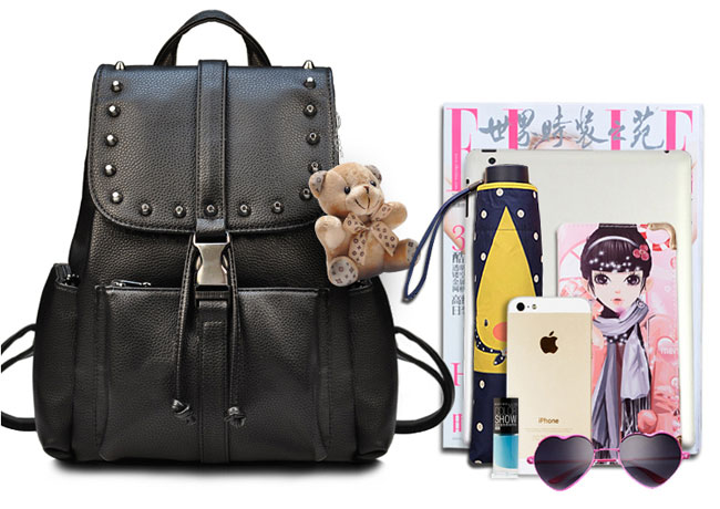 Punk Rivet Black Solid School Rucksack Bear Doll Pu Travel Backpack on ...