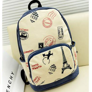 College Style Eiffel Tower & Airplane Print Canvas Backpack on Luulla