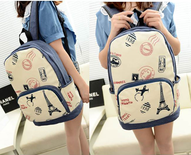 College Style Eiffel Tower & Airplane Print Canvas Backpack on Luulla